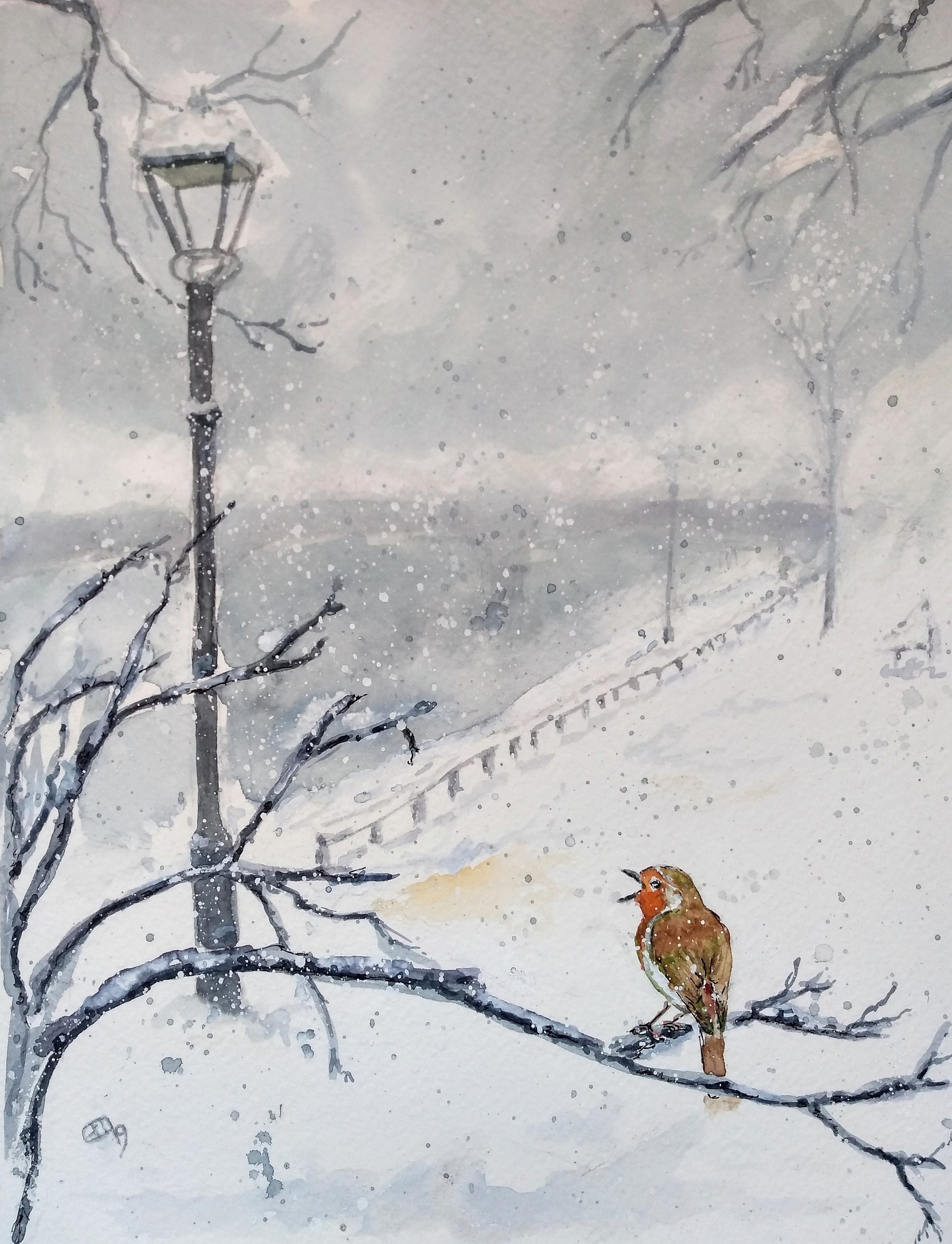 Winter Landscape Painting With Robin, an Original One off Watercolour ...