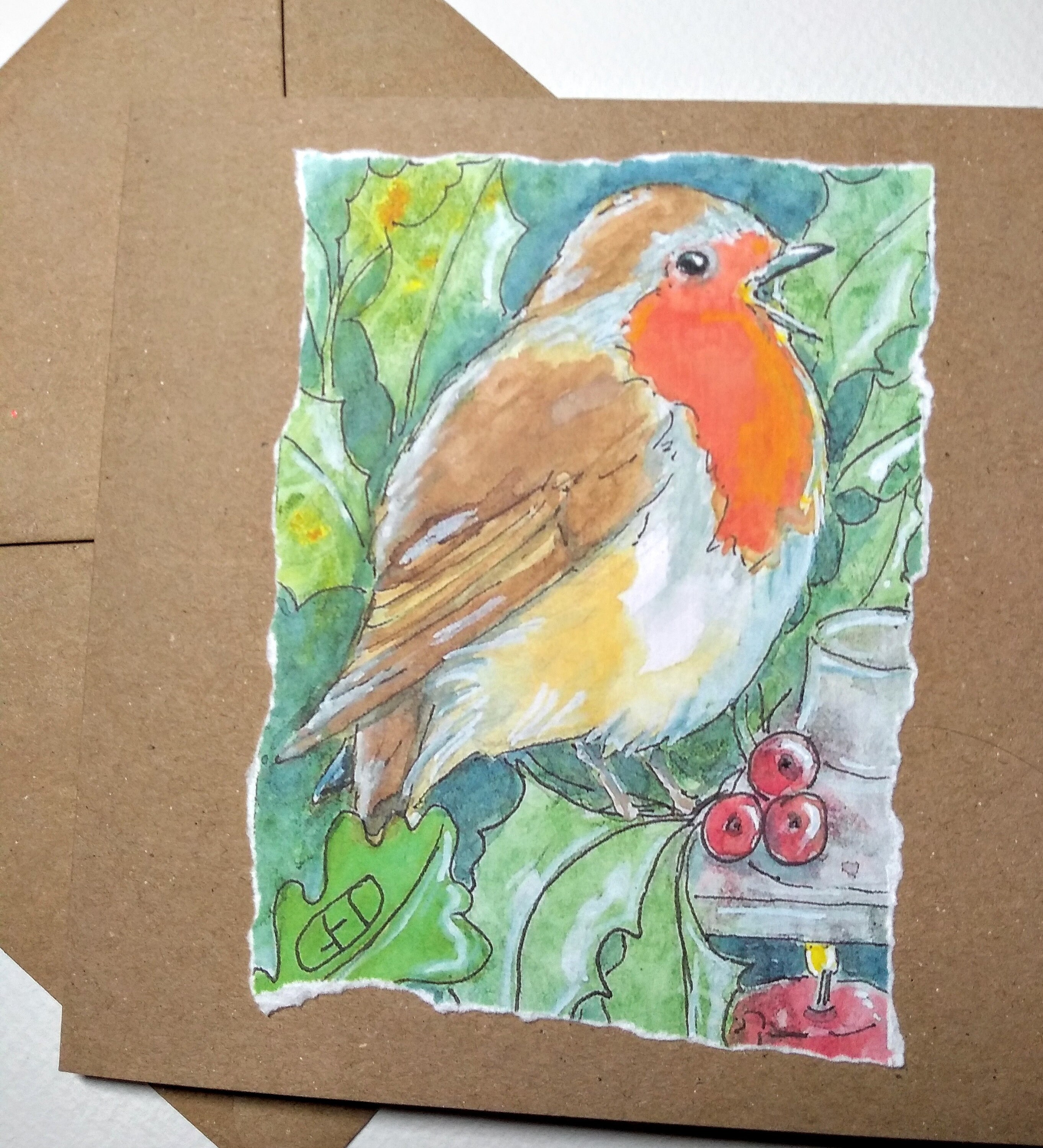 Robin Greetings Card Hand Made, Robin on Lantern With Holly, Christmas ...