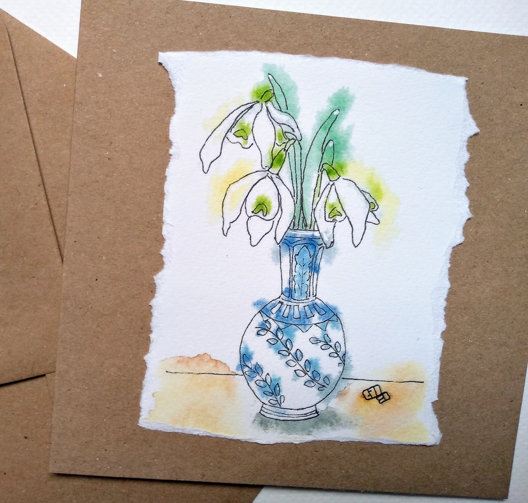 Birthday Card of Snowdrops in Blue Vase From My Painting, Handmade ...