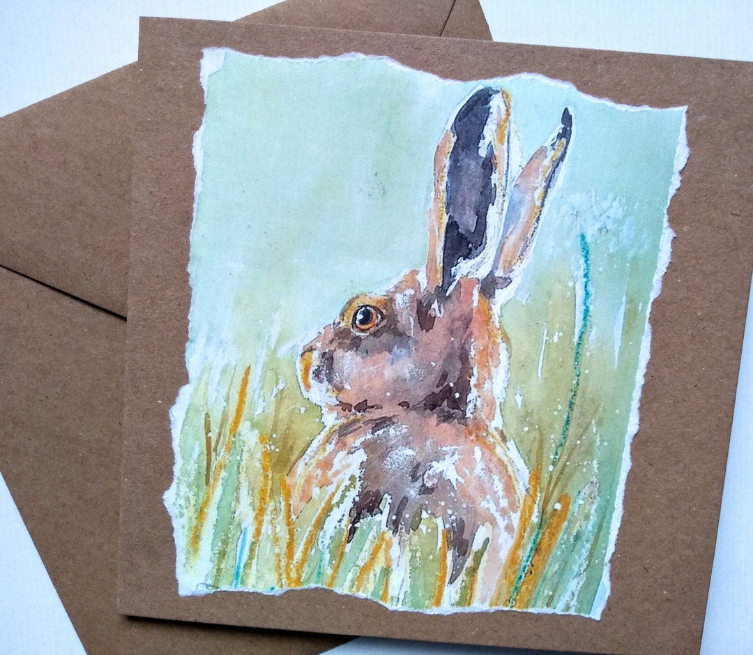 Greetings Card of a Hare From My Original Mixed Media Painting, a Blank ...