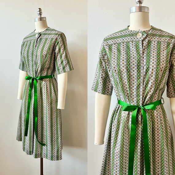 1950s Miss Smith Green Floral House Dress | 50s Strip… - Gem