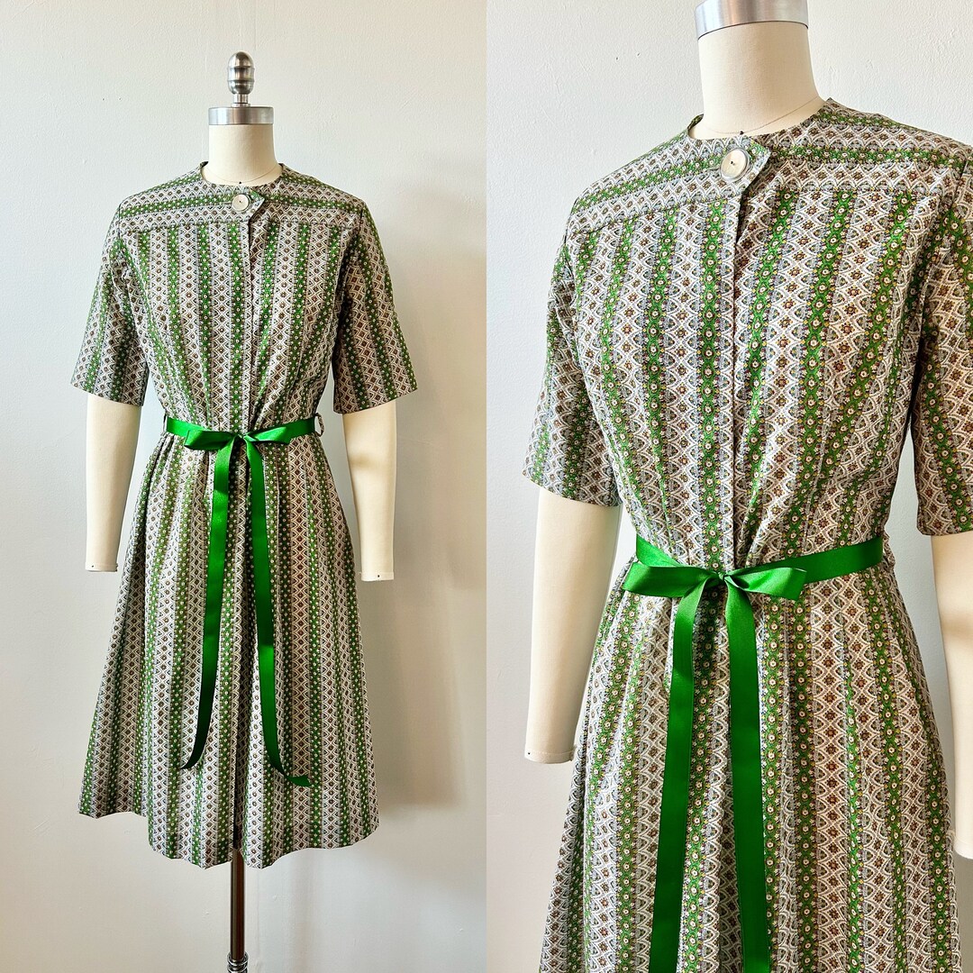 1950s Miss Smith Green Floral House Dress | 50s Striped Short Sleeve ...