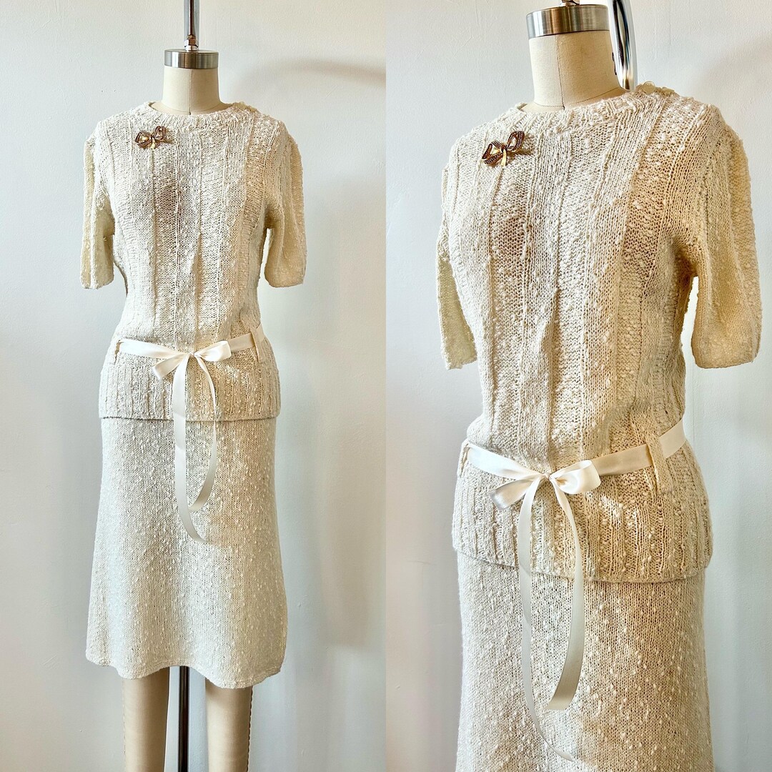 1950s Cream Two Piece Knit Set | 50s Ivory Knitted Blouse and Skirt ...