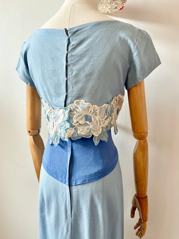 1950s AS-IS Ferman O'Grady Blue Floral Wiggle Dress |… - Gem