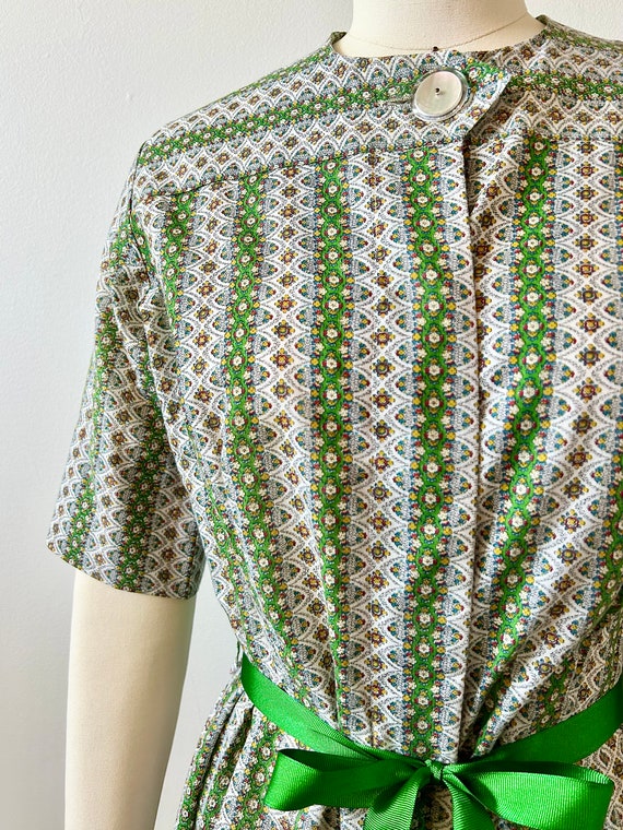 1950s Miss Smith Green Floral House Dress | 50s Strip… - Gem