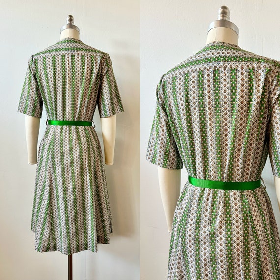 1950s Miss Smith Green Floral House Dress | 50s Strip… - Gem