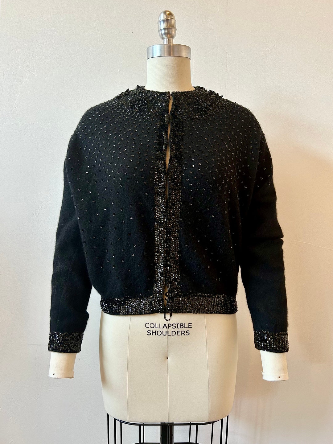 1960s Black Wool Sequin Cardigan | 60s Beaded Cocktail Sweater ...