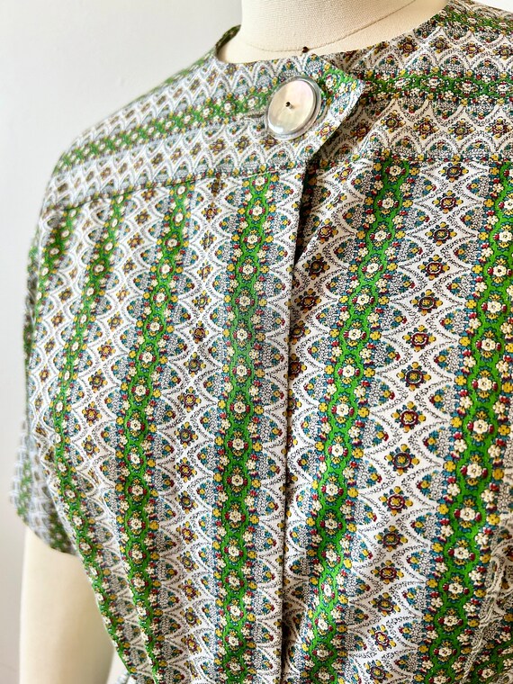 1950s Miss Smith Green Floral House Dress | 50s Strip… - Gem