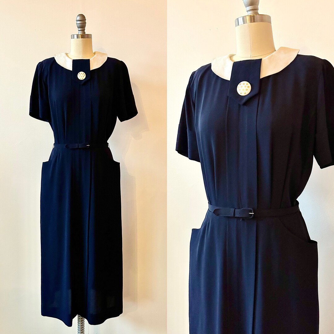 1940s George Hess Navy Collared Dress 40s Dark Blue Button Back Dress ...