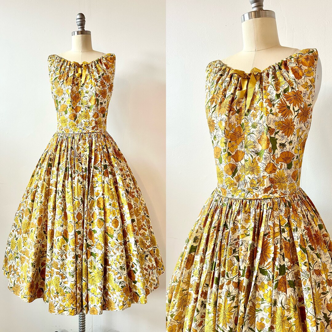 1950s Bright Floral Print Dress | 50s Garden Party Dress | Vintage Fit ...