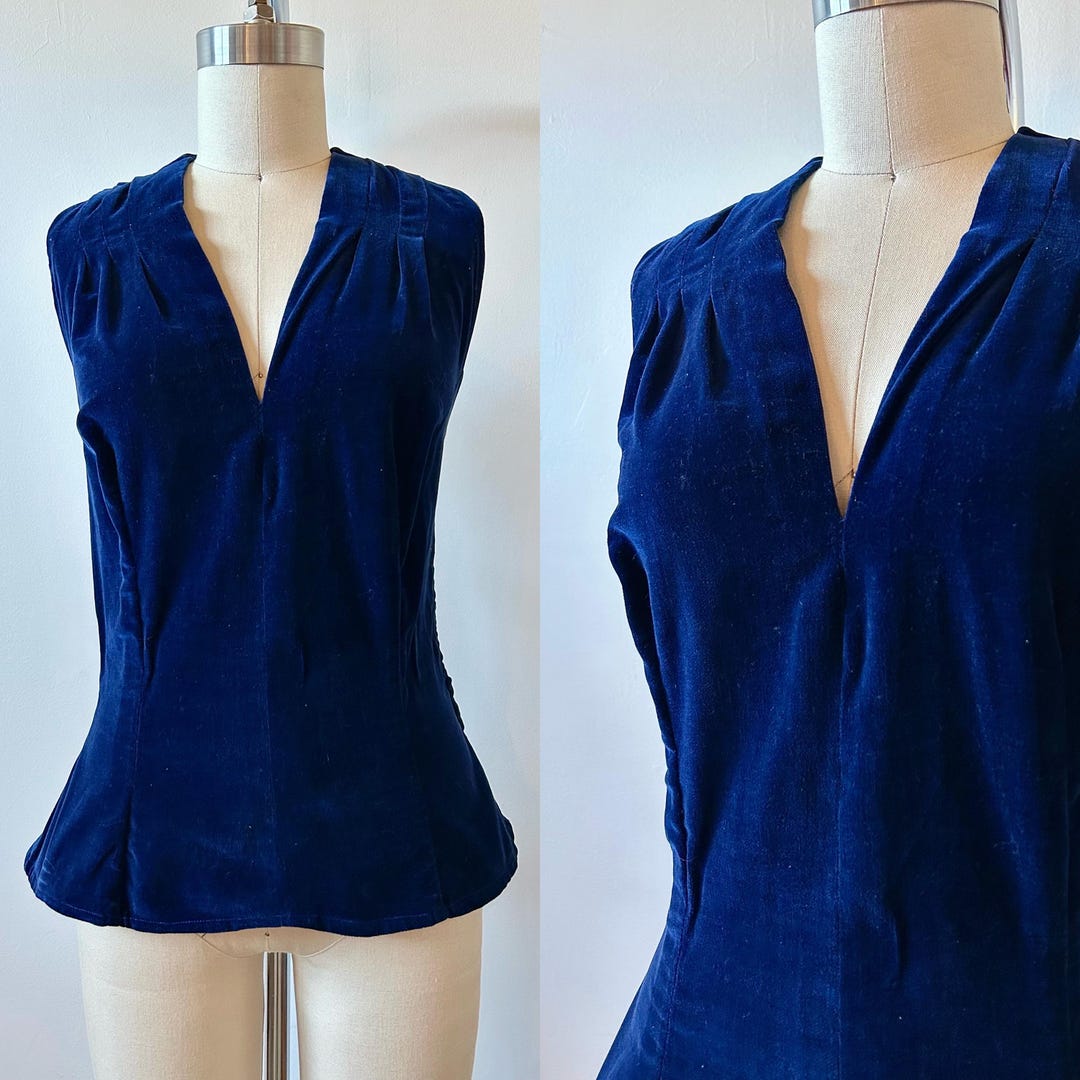 1950s Midnight Blue Halter Top 50s Dark Blue Velvet Blouse Vintage Side ...