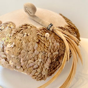 1950s Champagne Scalloped Velvet Curl Hat | 50s Pale Pink Sequined Cap ...