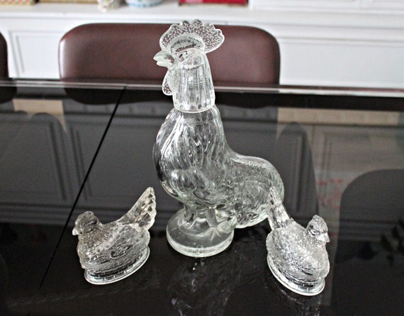 Glass Rooster Decanter W/set of 2 Matching Clear Glass Hens on | Etsy