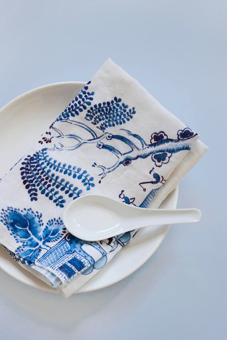 Blue Willow Linen-cotton Tea-towel. Original Hand Painted | Etsy