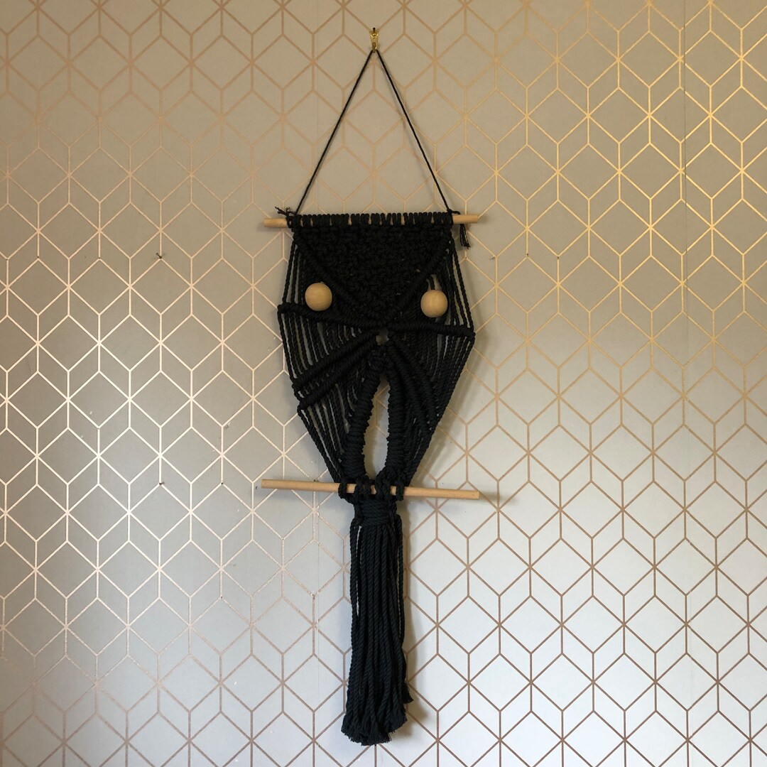 Vintage Macramé Owl, Black Macramé Yarn With Big Wooden Eyes, Kitschy ...
