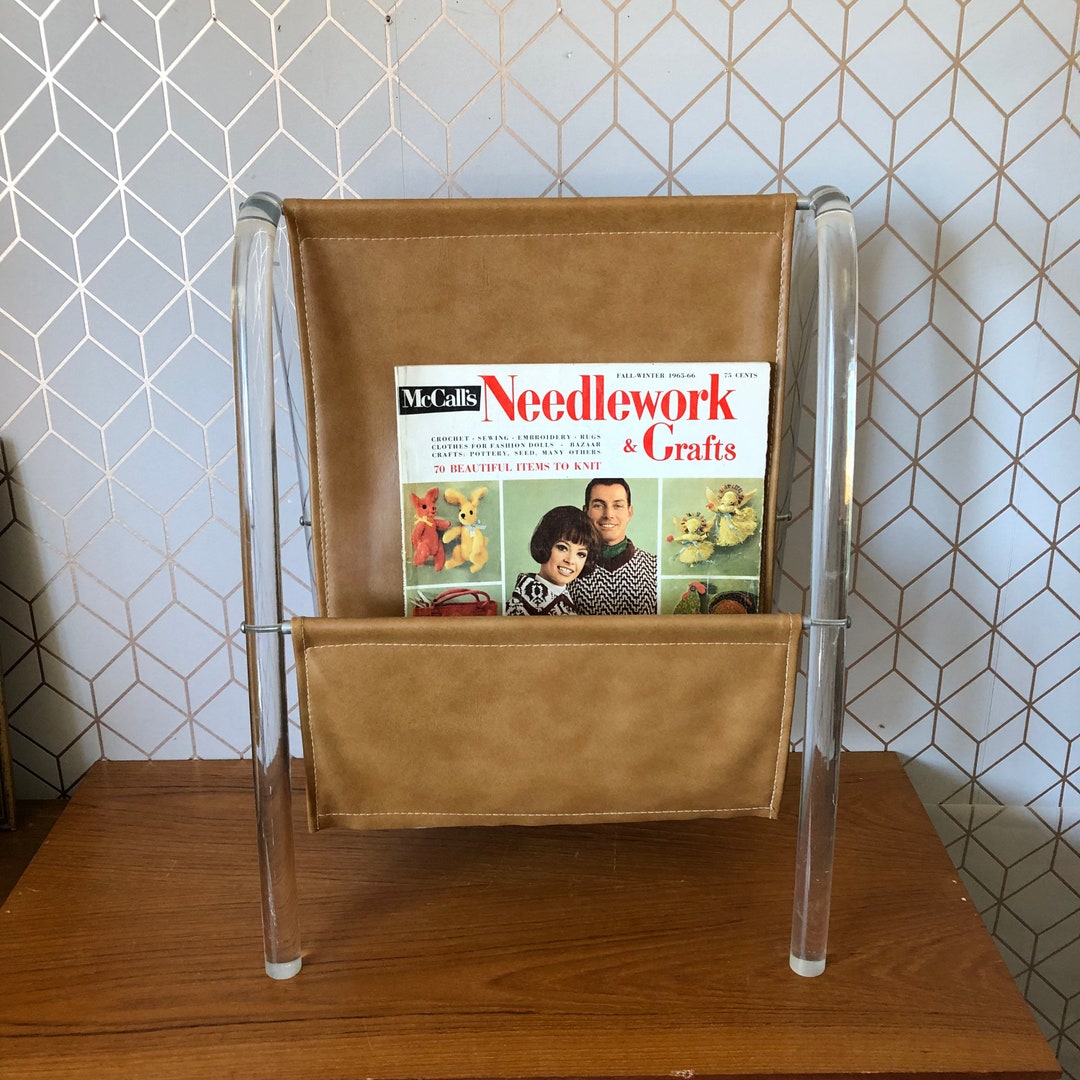 Vintage Lucite and Faux Leather Magazine Rack, Curved Lucite Acrylic ...