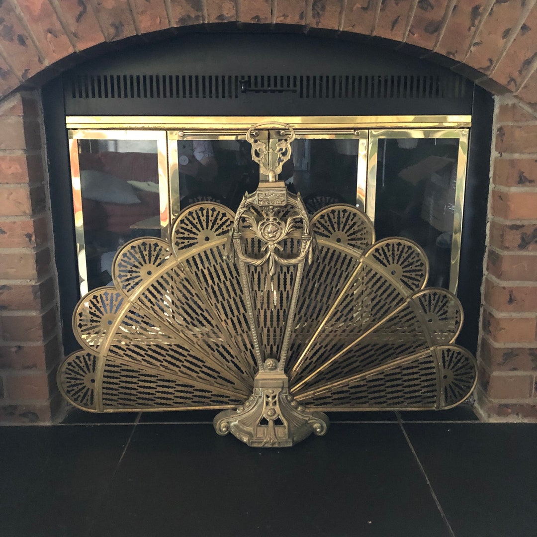 Vintage Peacock Brass Fire Screen, Brass Folding Fire Guard, Art Deco ...