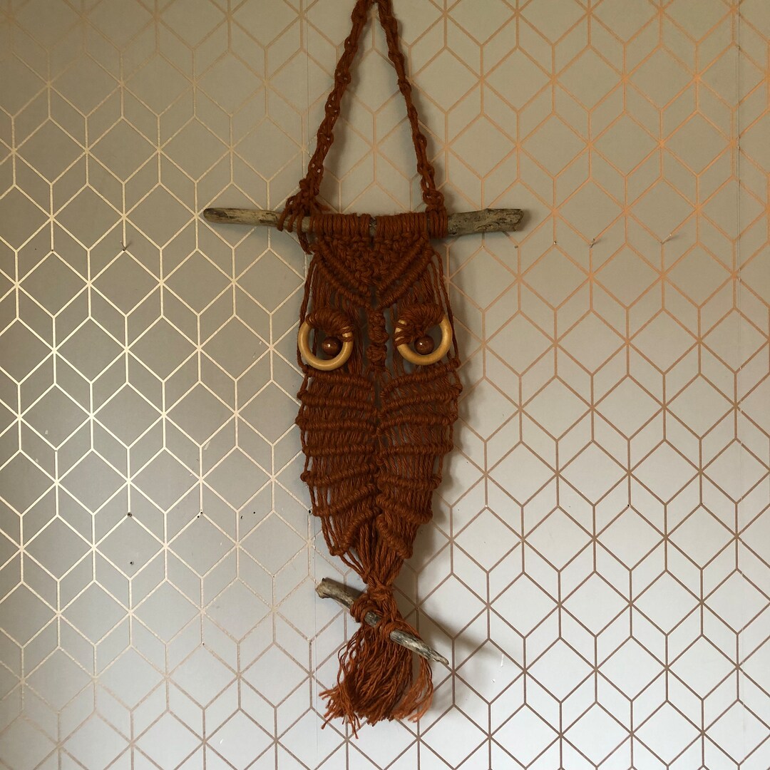 Vintage Macramé Owl, Kitschy Wall Décor on a Branch, WOOOO Loves an Owl ...