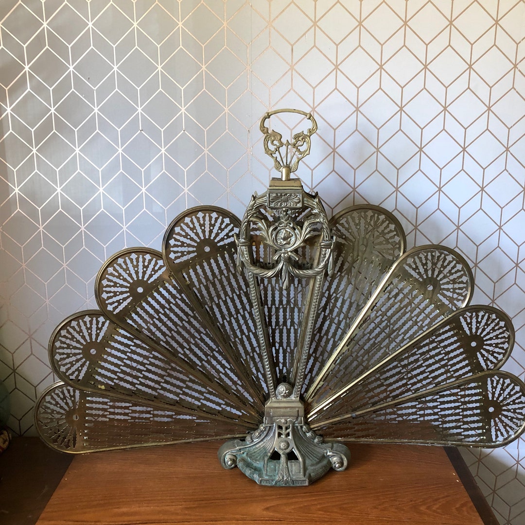 Vintage Peacock Brass Fire Screen, Brass Folding Fire Guard, Art Deco ...
