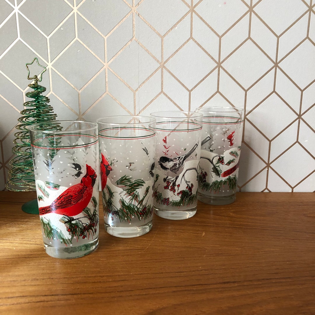 Vintage Holiday Tumblers, Red Cardinal Chickadee Drinking Glasses ...