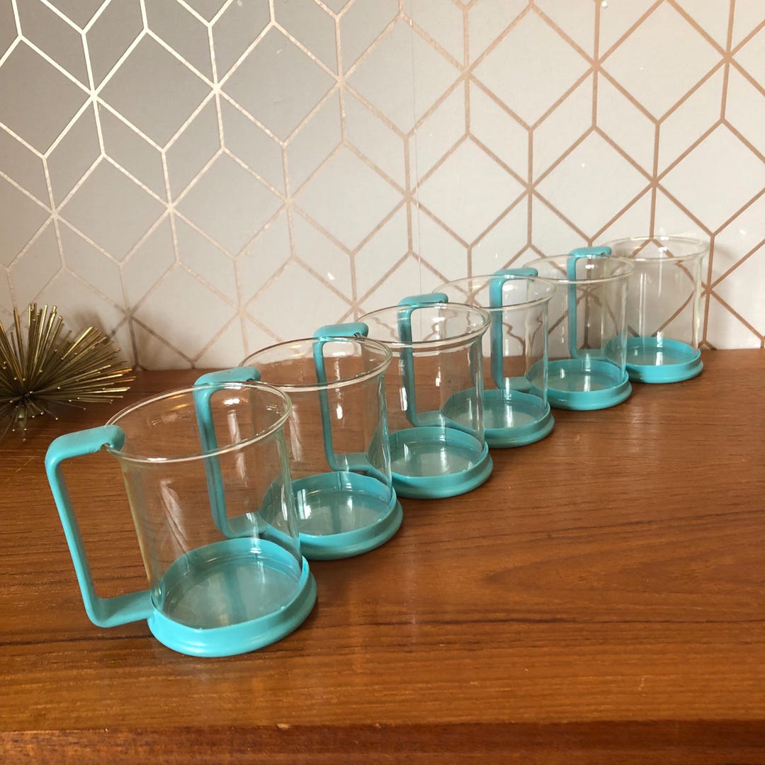 Vintage Bodum Style Bistro Coffee Mugs, Removable Aqua Plastic Holders ...