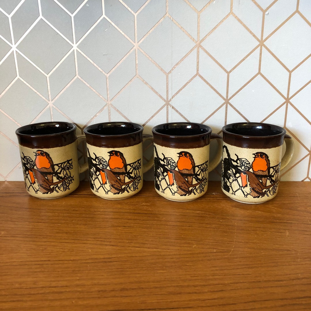 Vintage Stoneware Pottery Mugs With Robins on a Fence/branch, Set Of4 ...