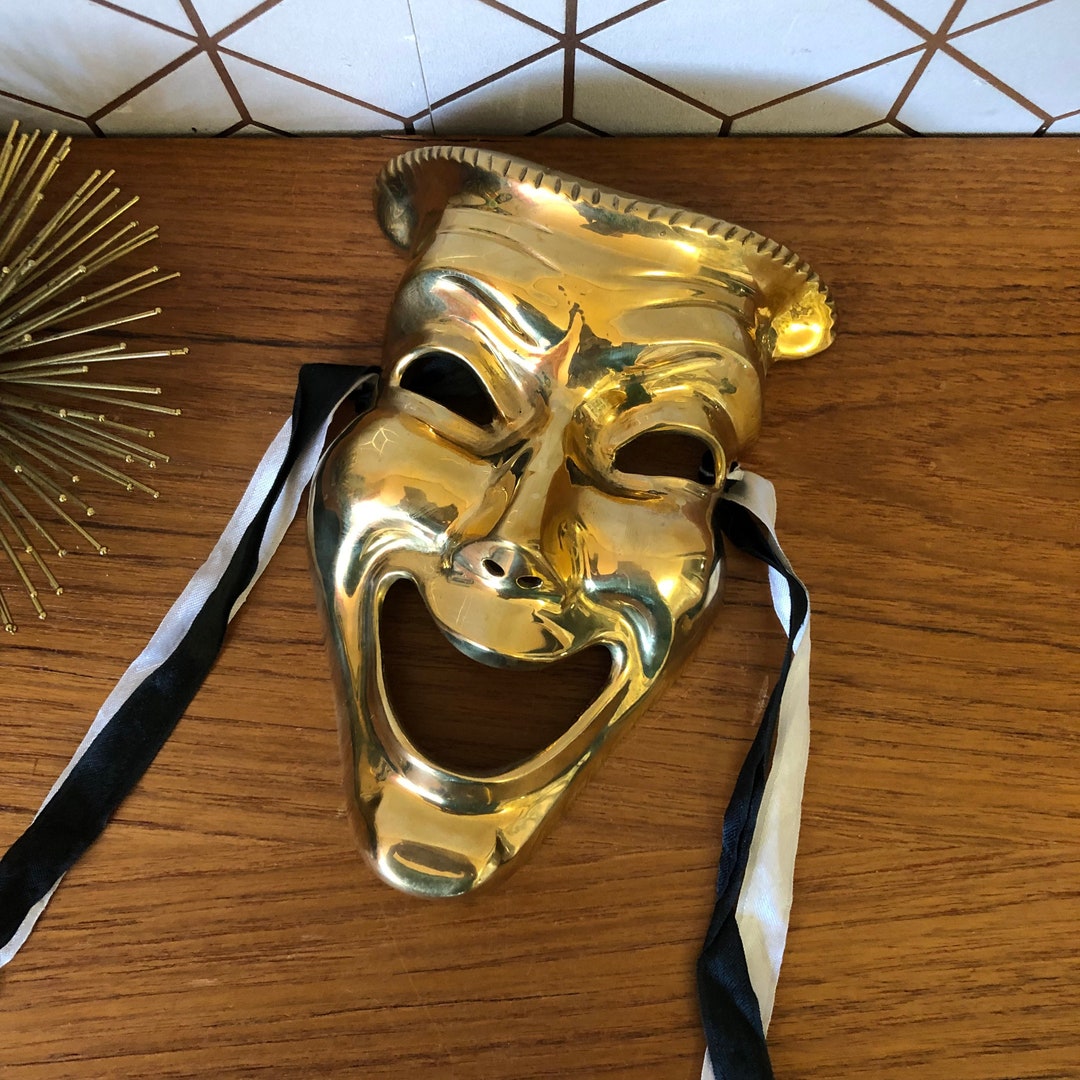 Vintage Brass Mime Mask, Solid Laughing Mime Wall Mask Décor, Happy ...