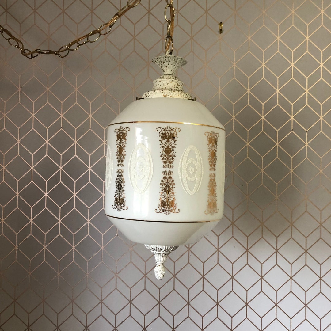 Vintage Mid Century Swag Light, Glass Pendant Hanging Light With ...