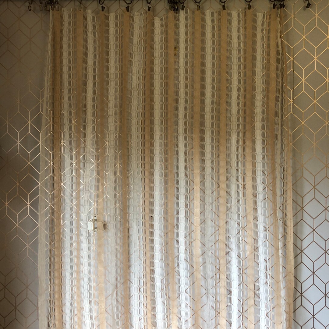 Vintage 70's Fabric, Open Weave Drapery Fabric, Tan and White, Lacy ...
