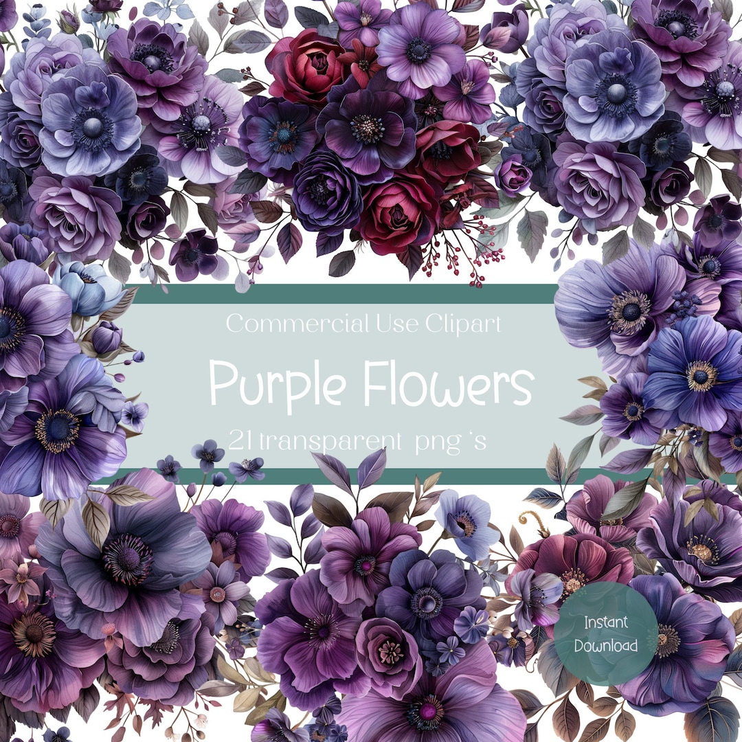 Purple Flowers Clipart Set, Floral Graphics, Botanical Clip Art ...