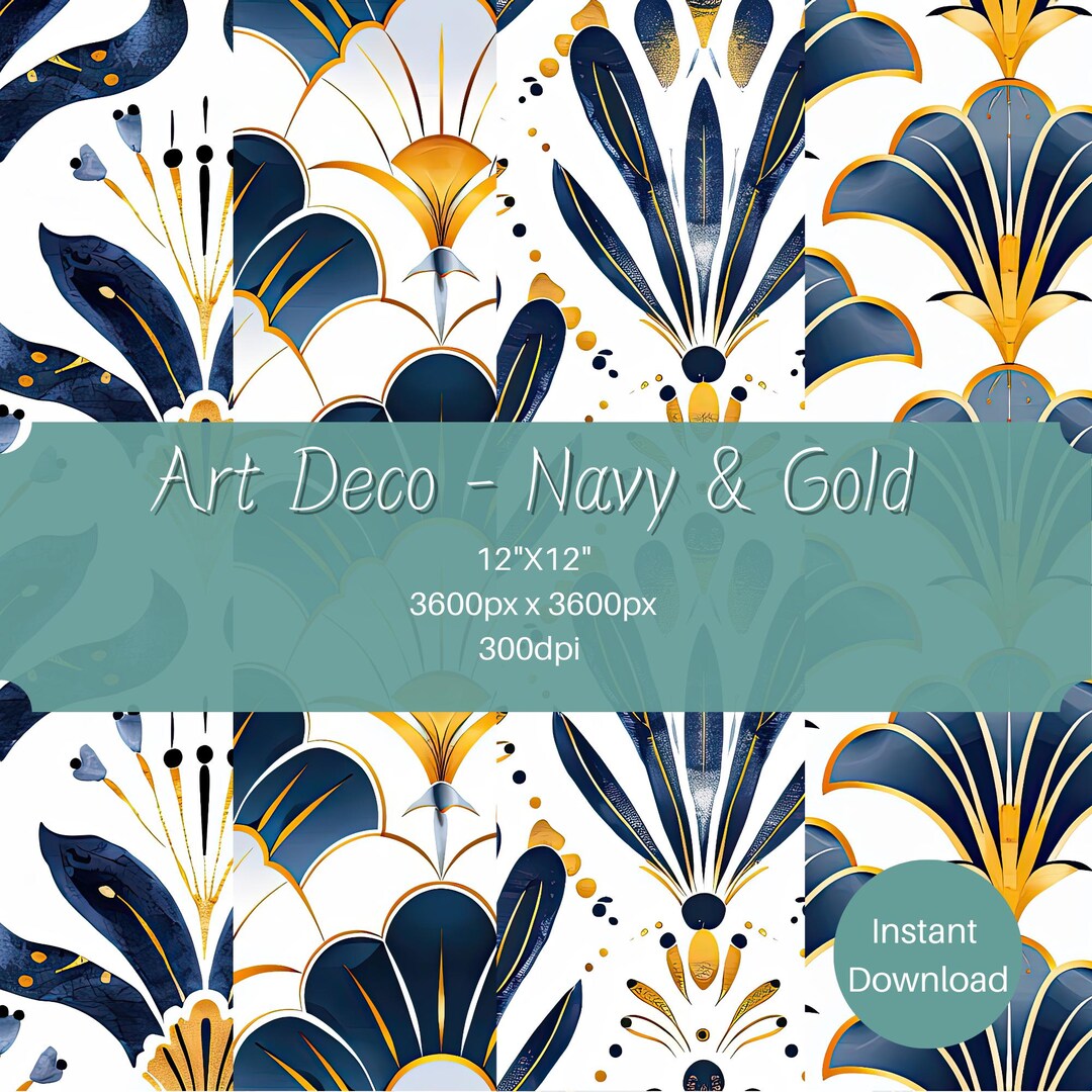 Navy and Gold Art Deco Digital Papers Set, Printable Stationery ...