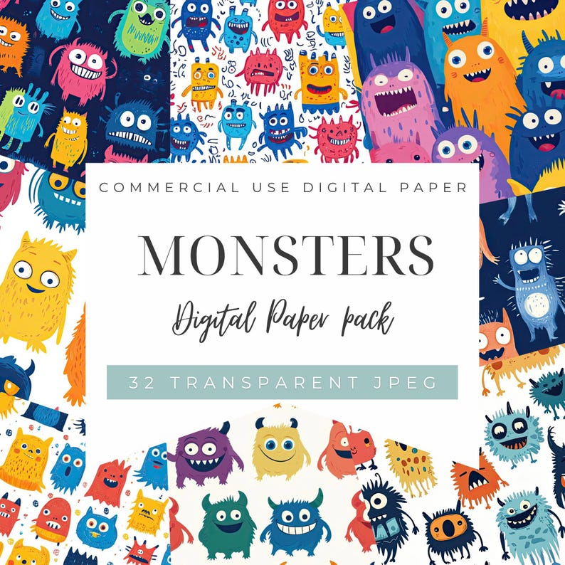 Monster Themed Digital Papers Set, Cute Monster Patterns, Kids ...