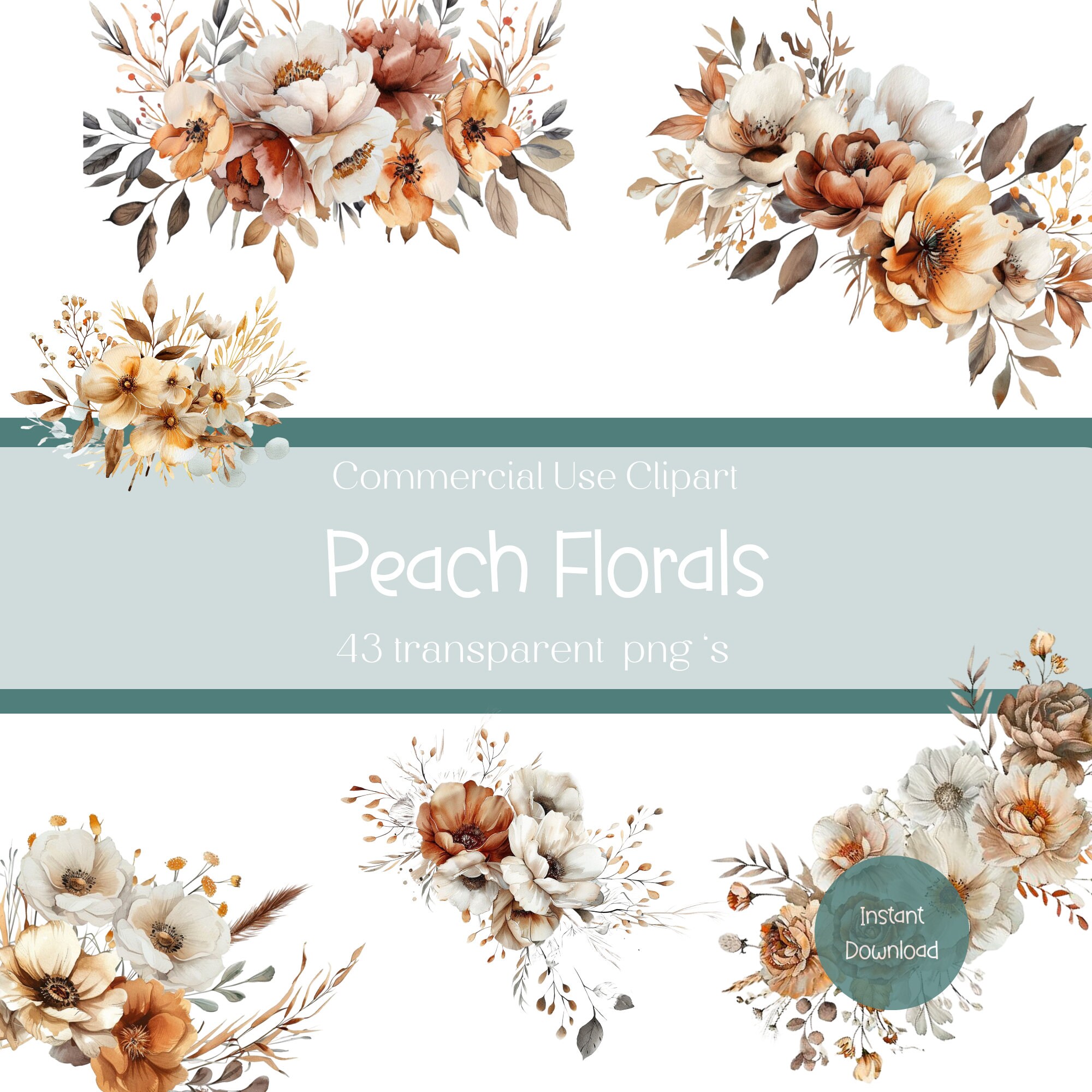Peach Floral Clipart Set, Floral Graphics, Digital Flower Illustrations ...