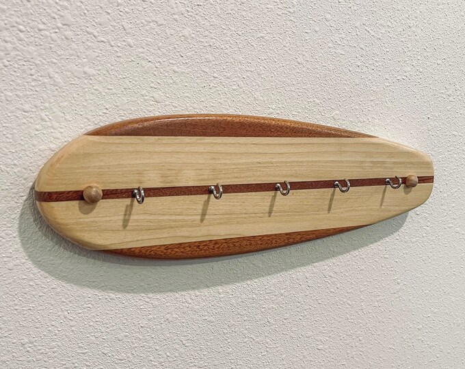 Key Holder Rack, Surfboard, Key Hooks, Solid Hardwood, 5 Hooks ...