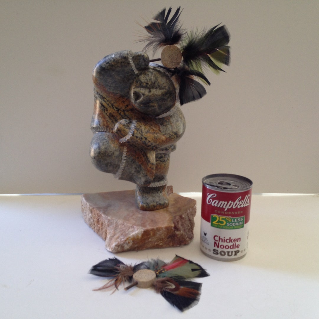 Signed, Heavy, Carved Stone Dancer on Stone Stand With Feather Fans New ...