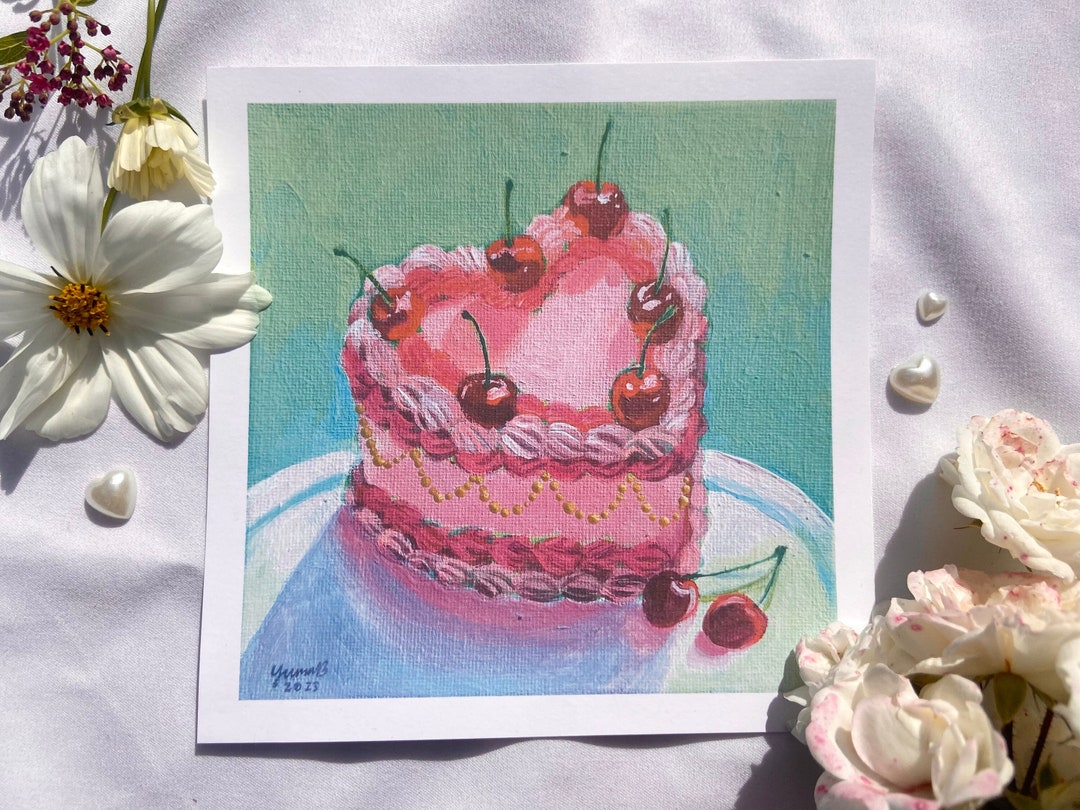 Cherry Vintage Heart Cake Art Print | Maximalist Pink Gallery Wall Art ...