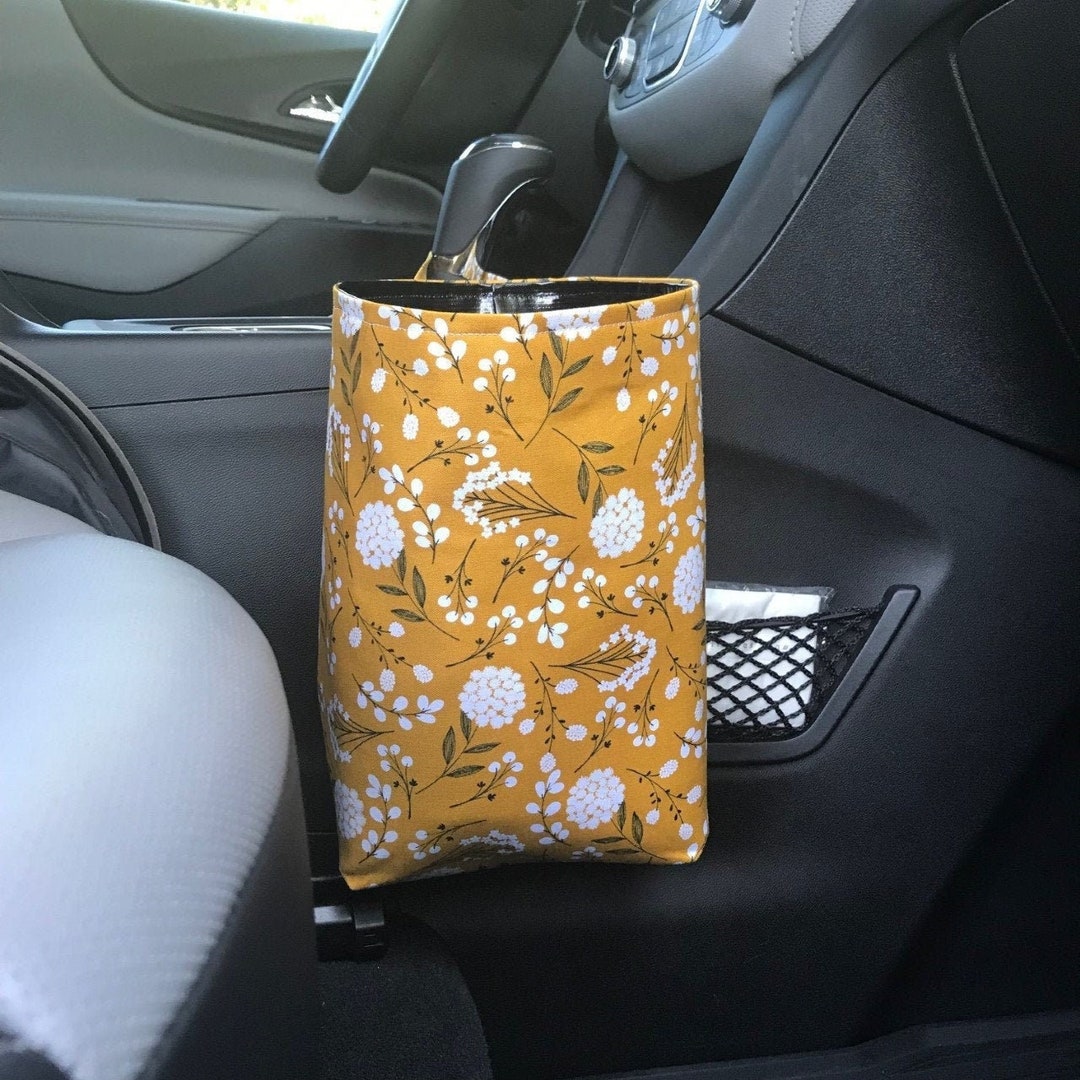 Boho Mustard Floral Car Trash Bag, Waterproof Lining, Gearshift Car ...