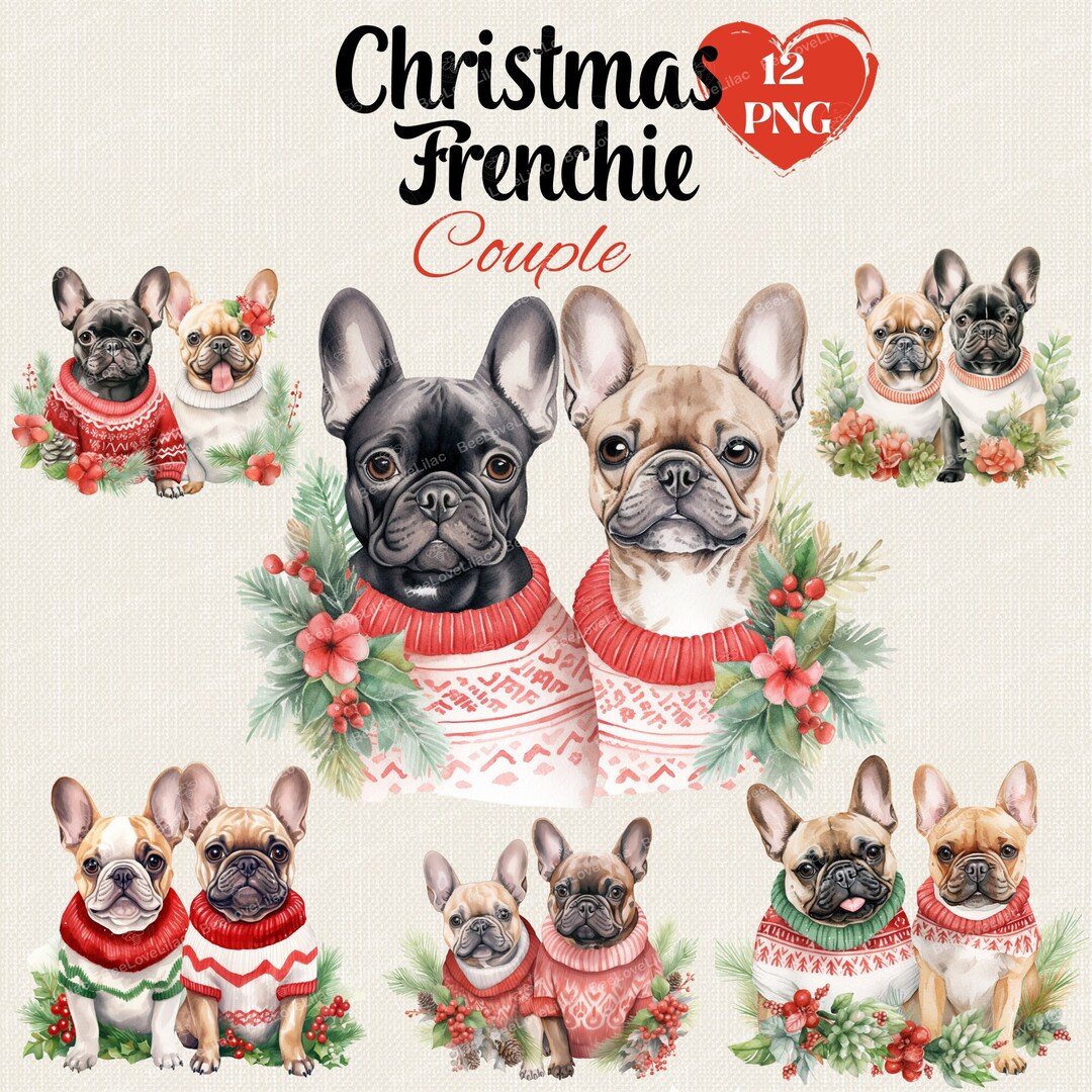 Watercolor Christmas Frenchie Couple, Romantic Frenchie Clipart ...