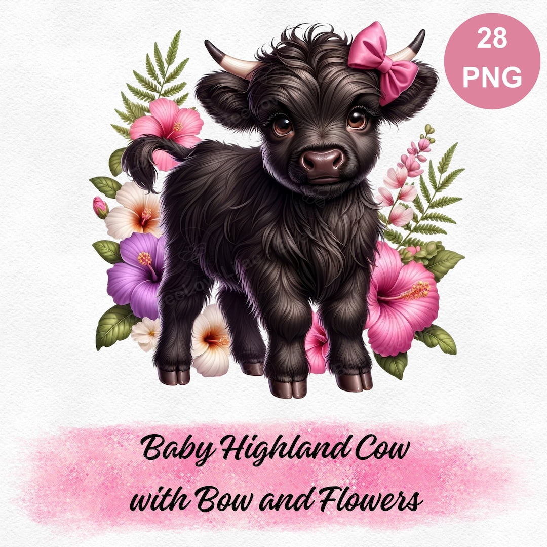 Watercolor Baby Highland Cow With Bow and Flowers Sublimation Clipart ...