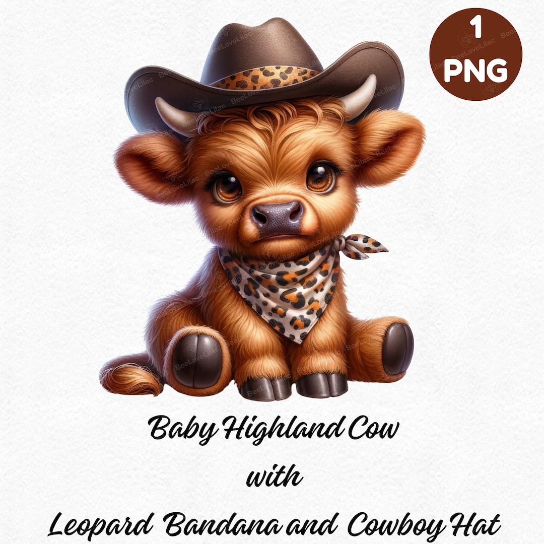Baby Highland Cow Clipart: Leopard Bandana, Cowboy Hat (PNG Digital ...