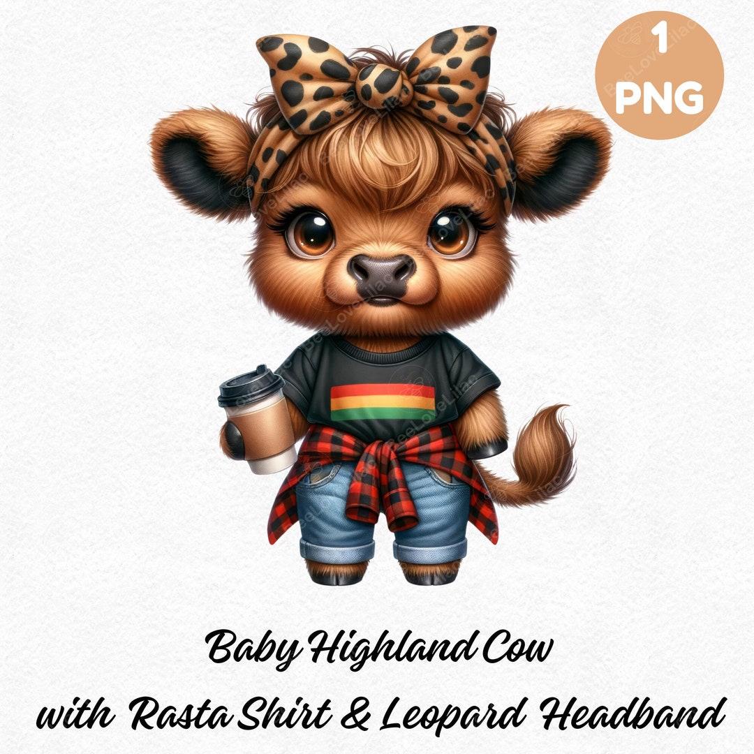Highland Cow Clipart: Rasta Shirt, Leopard Headband (PNG Digital ...