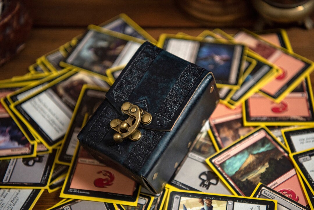 Handmade Leather MTG Card Case: Antique Blue, 80 Sleeved Cards - Etsy