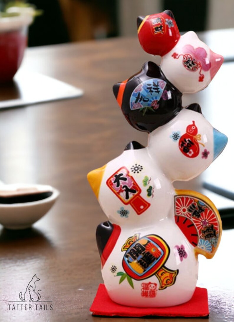 Fortune Cat Tower Maneki Neko Figurine Porcelain Home Decor Good Luck ...