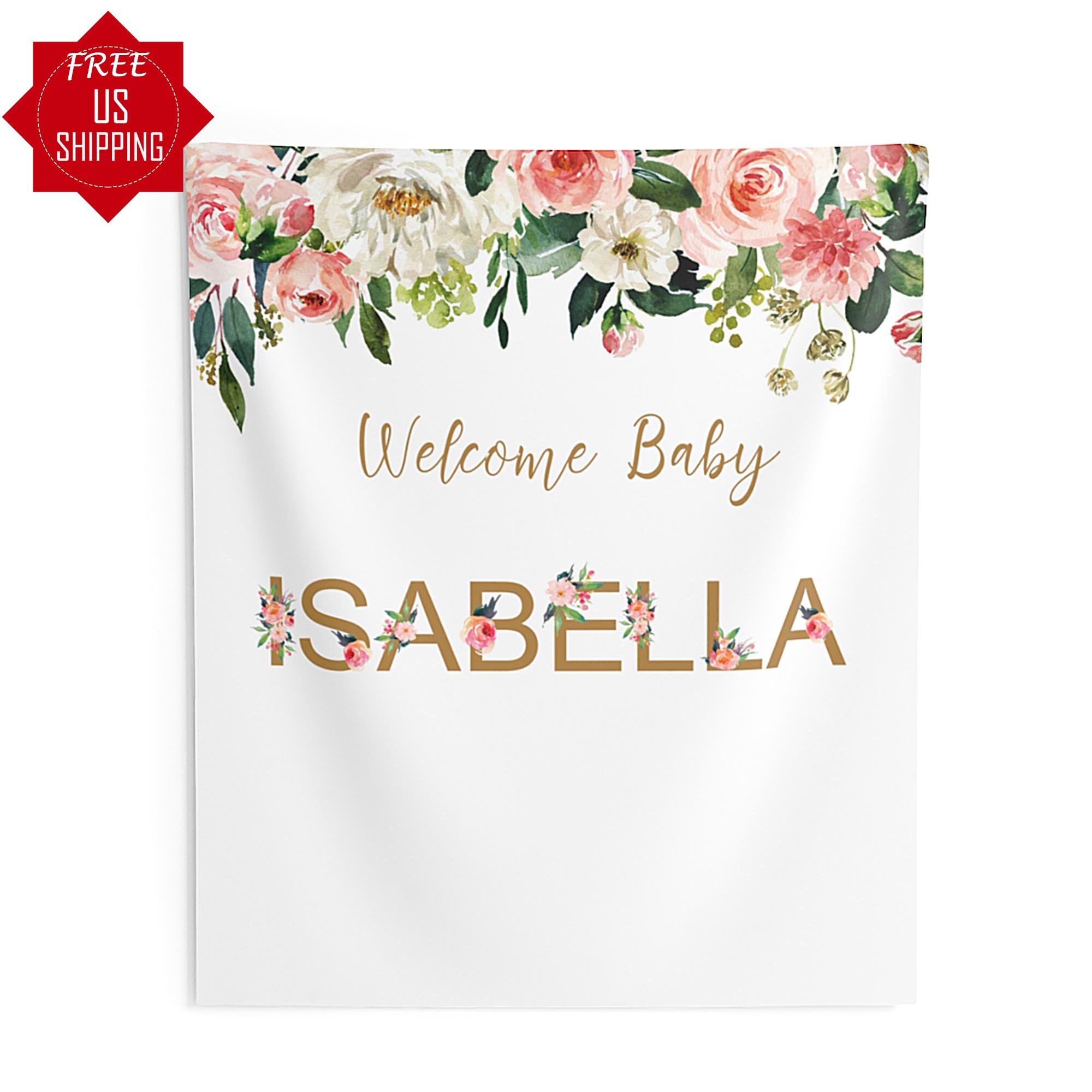 Custom Name Baby Shower Backdrop, Blush Floral Baby Shower Backdrop ...