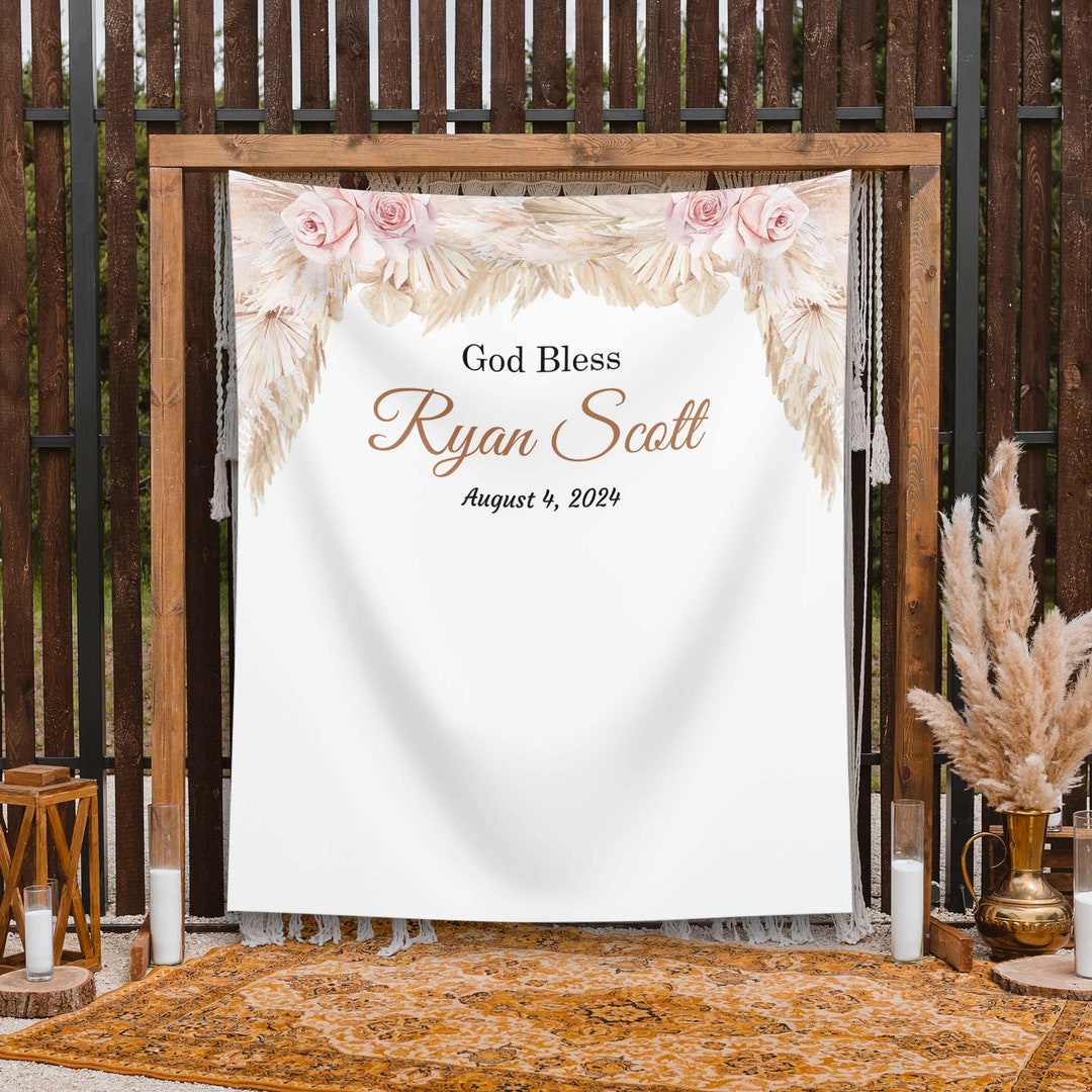 Boho Baptism Backdrop Blush Pink Floral God Bless Banner Pampas Grass ...