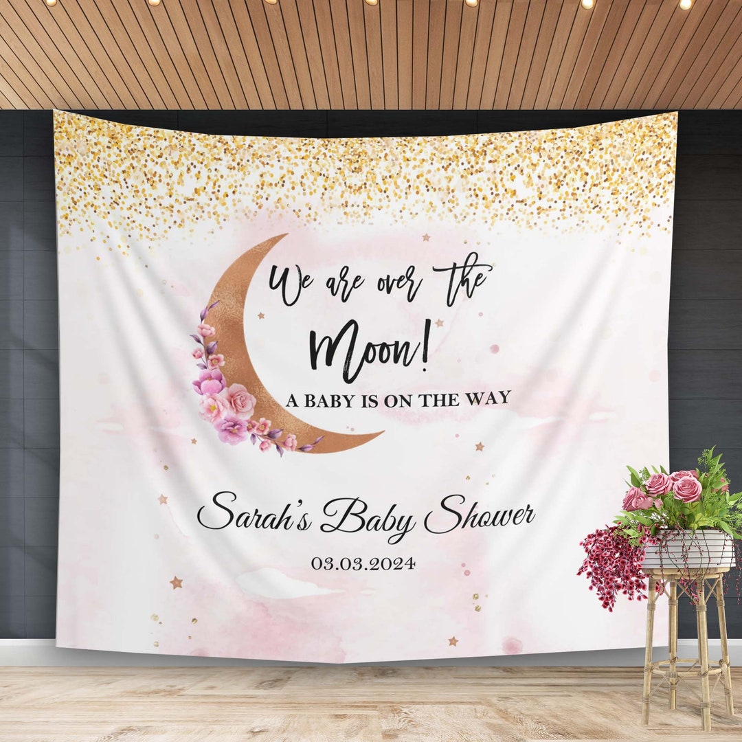 We Are Over the Moon Girl Baby Shower Backdrop Clouds Moon Star Baby Shower Decoration Baby ...