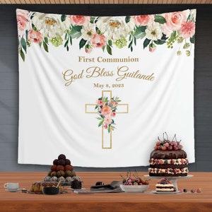 Girl First Communion Backdrop, Floral Backdrop, Baptism Photo Booth ...