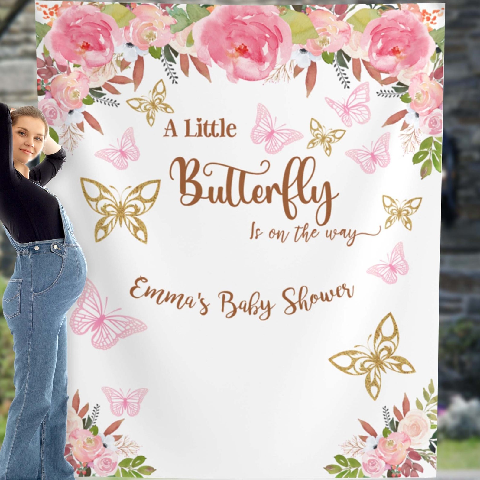 Butterfly Baby Shower Backdrop, Baby Shower Decoration, Pink Gold ...