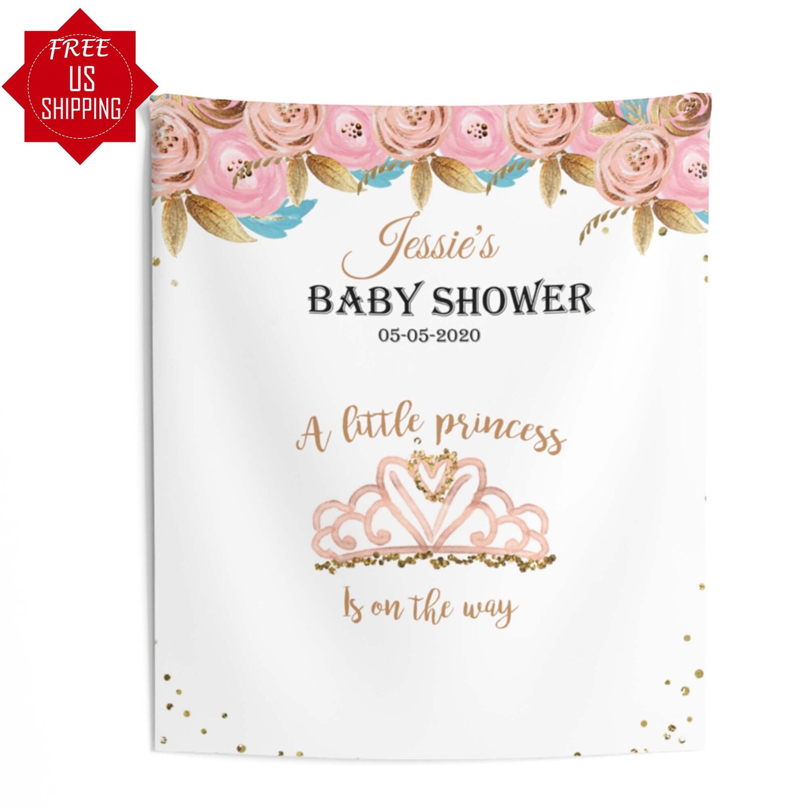 Princess Baby Shower Backdrop Tiara Crown Girl Baby Shower Banner Blush ...