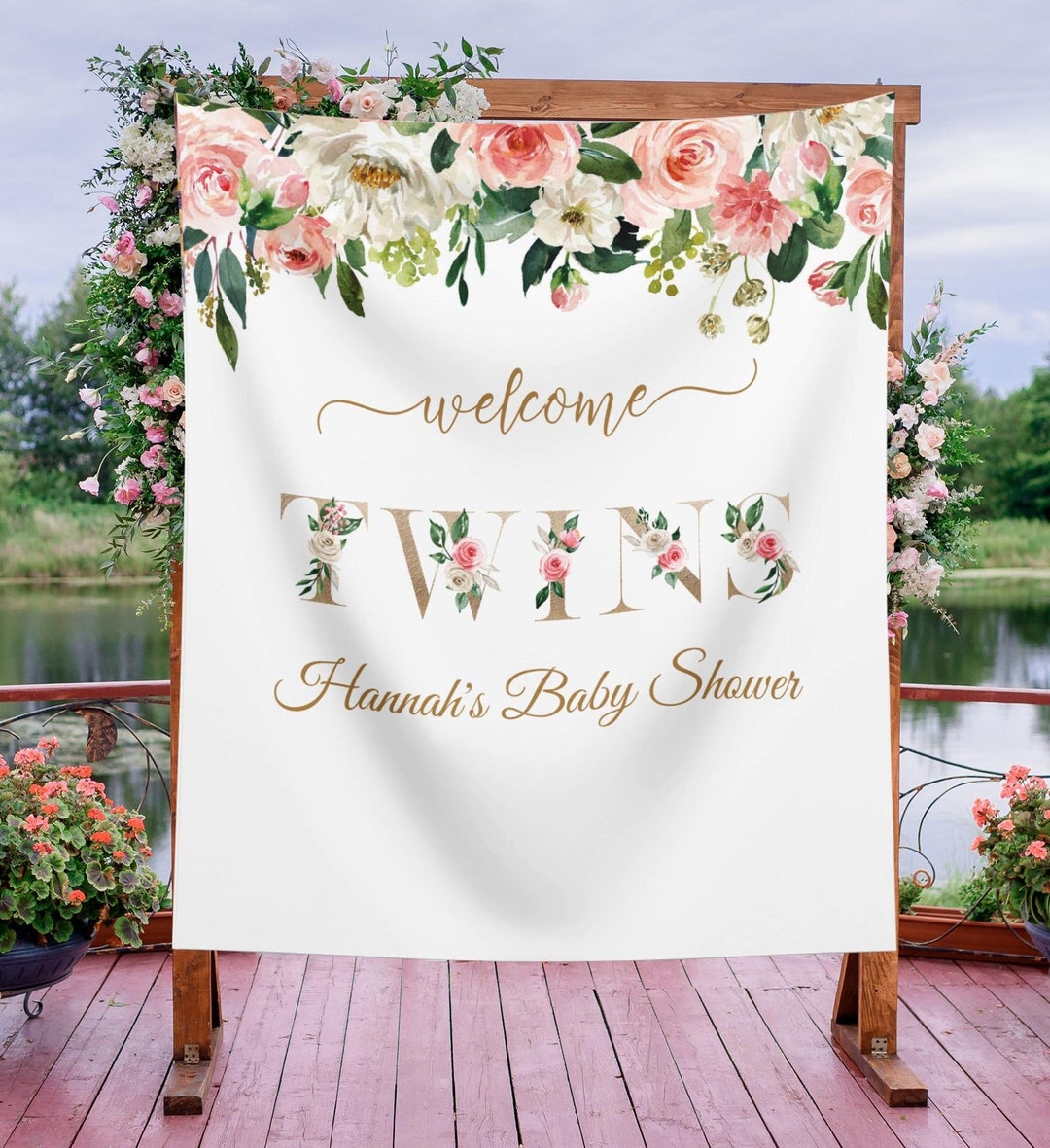Welcome Twins Baby Shower Backdrop Twins Girls Shower Banner Custom ...